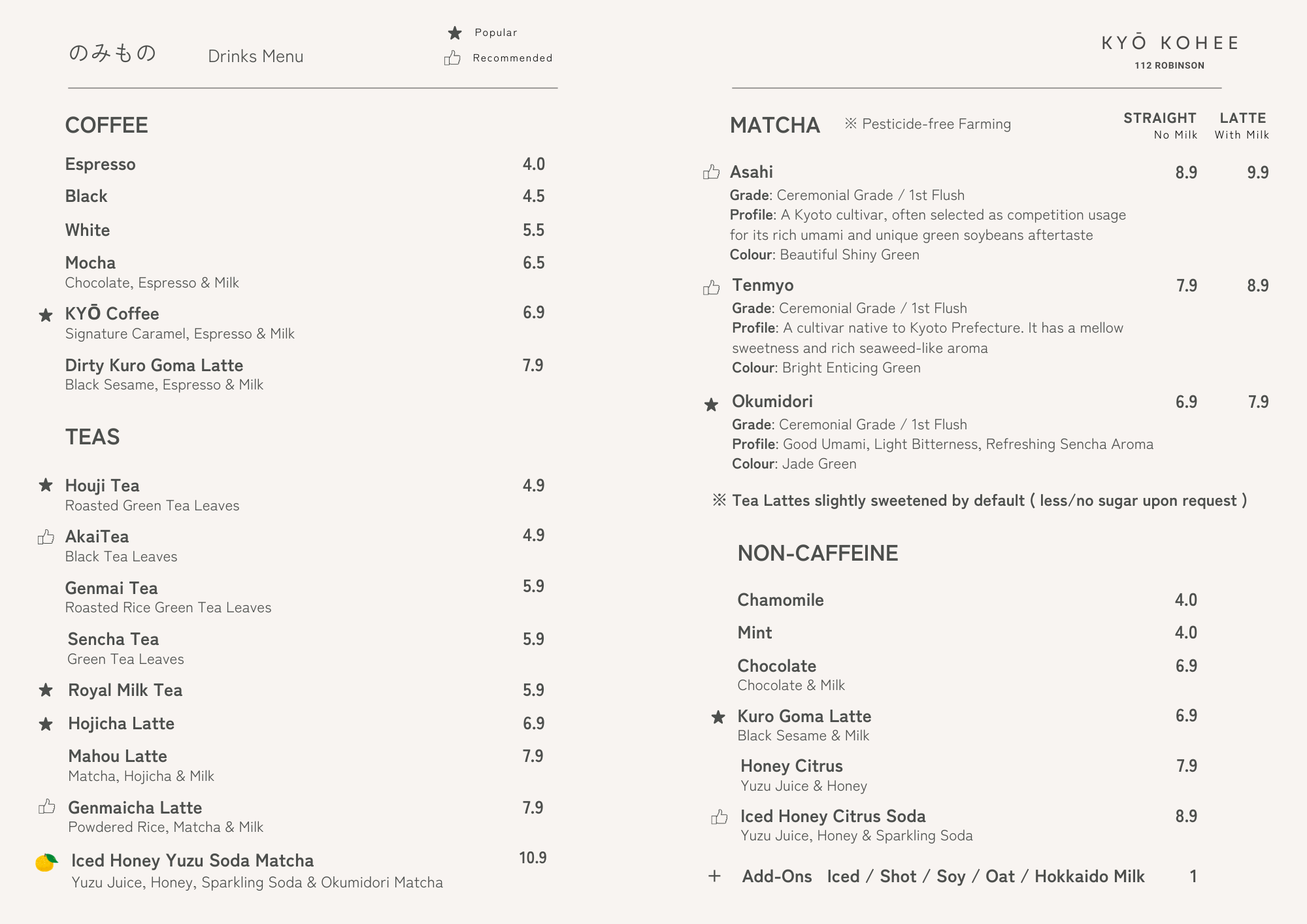 112 Robinson Food Menu – KYŌ KOHEE